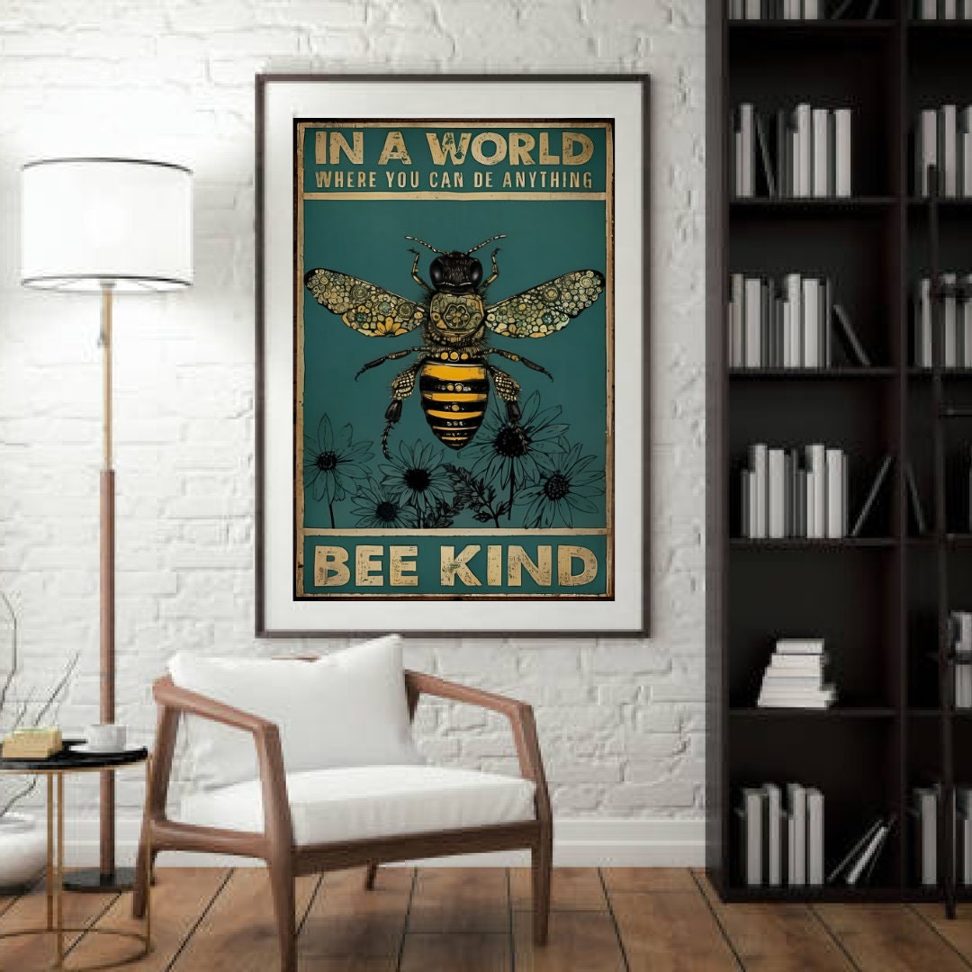 Retro Vintage Wall Art, Bee Kind Poster, Positive Inspirational Quotes ...