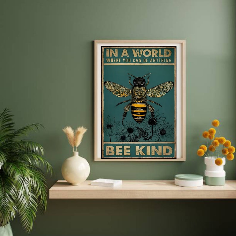 Retro Vintage Wall Art, Bee Kind Poster, Positive Inspirational Quotes ...