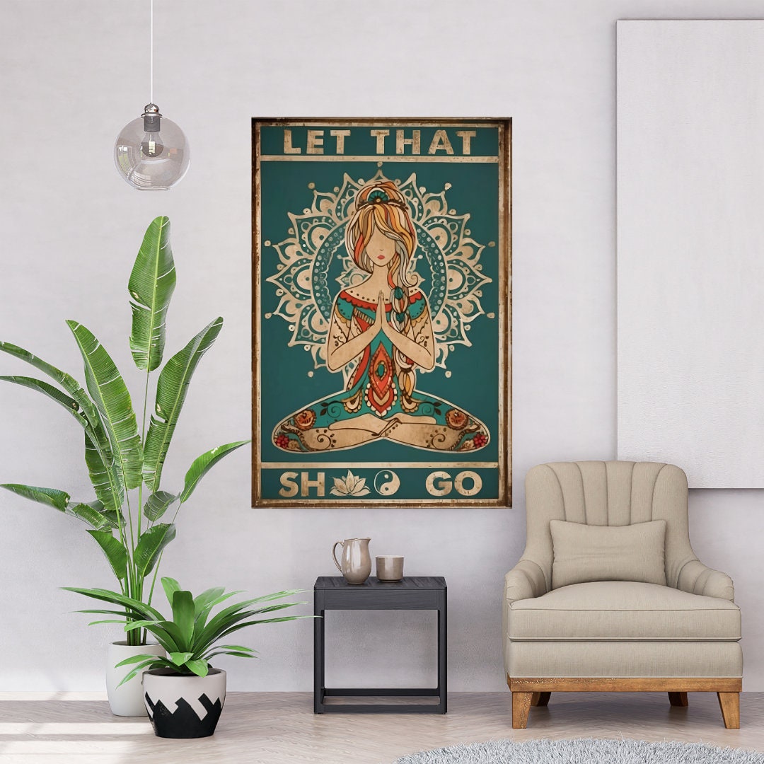 Vintage Girl Yoga Pose Poster, Wall Art for Home Decor, Let That Go ...