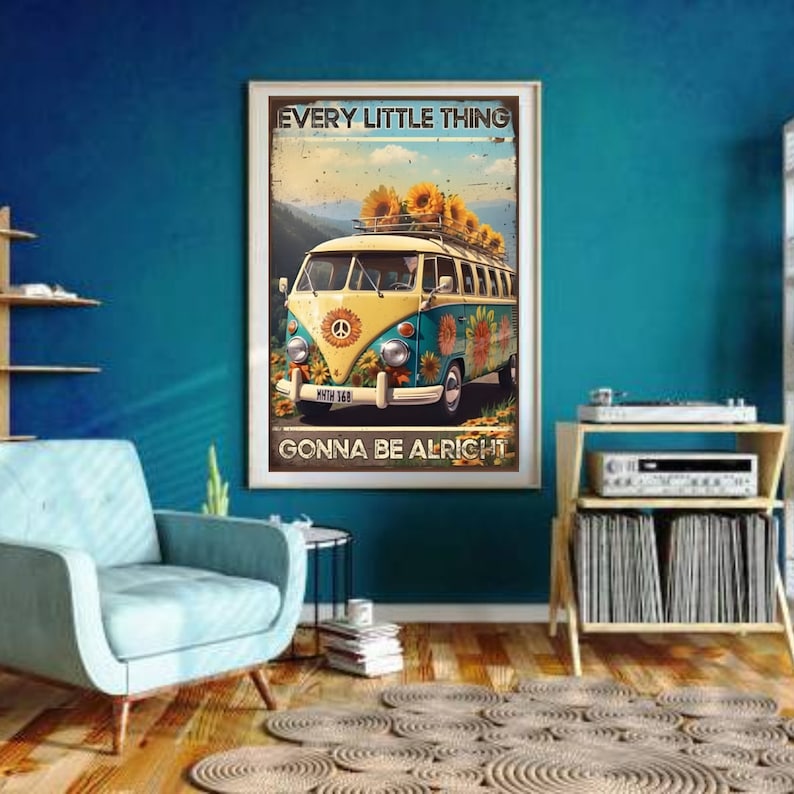 Vintage-Bus-Poster, Hippie-Van-Kunst, Sonnenblumen-Wandkunst, Retro ...