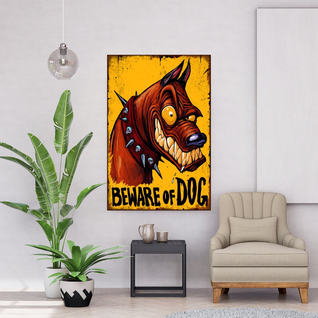 Beware of Dog Sign Art, Funny Dog Warning Decor, Retro Dog Caution Sign ...