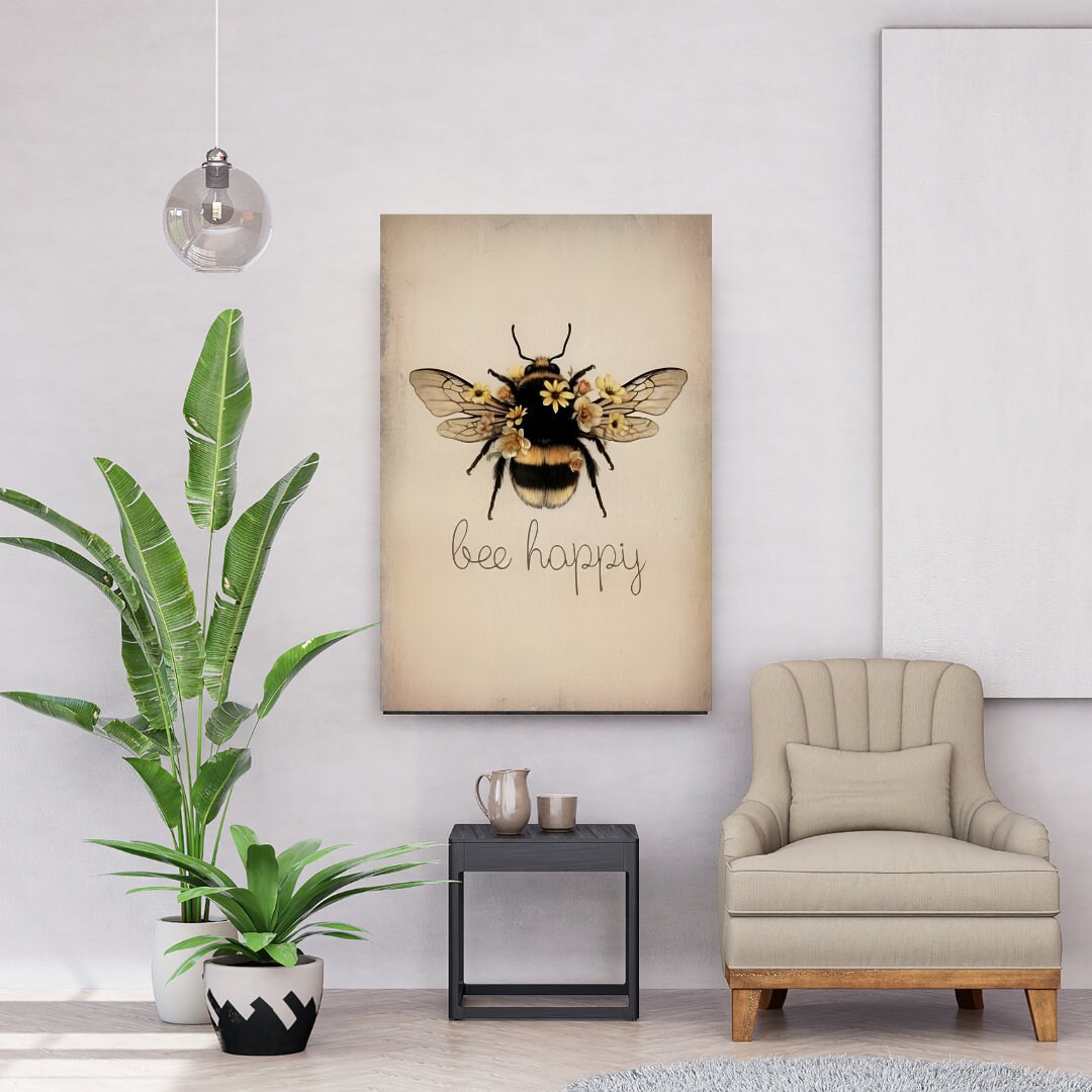Bee Happy Poster, Bumblebee Wall Art, Nature Inspired Decor, Bee Lover ...