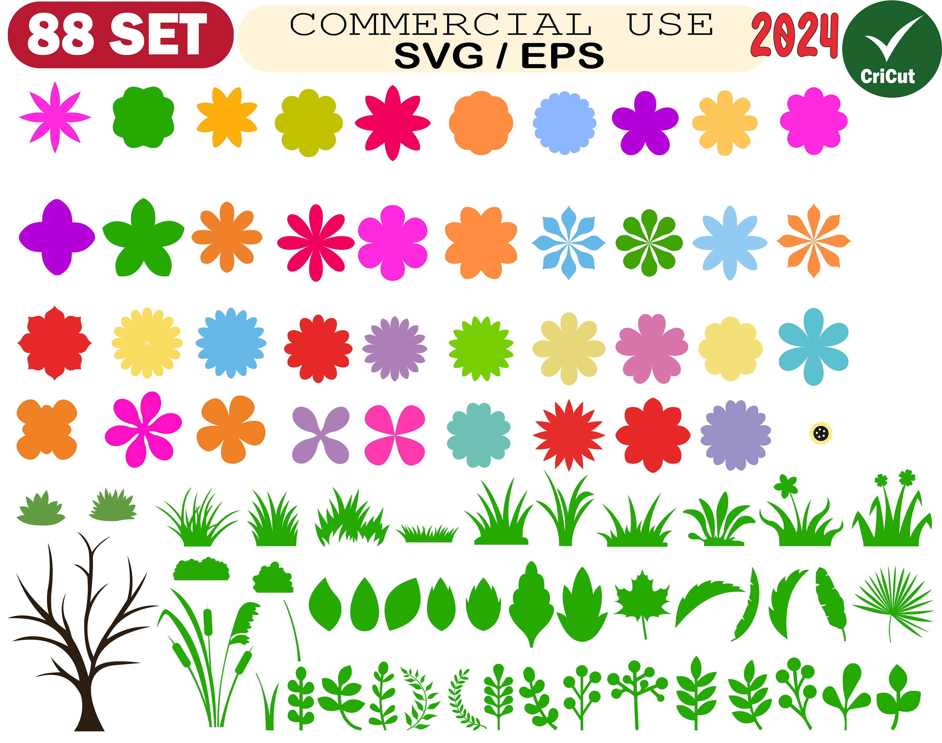 Floral SVG Bundle,grass and Leaves Clipart,flower Cut Files,colorful ...