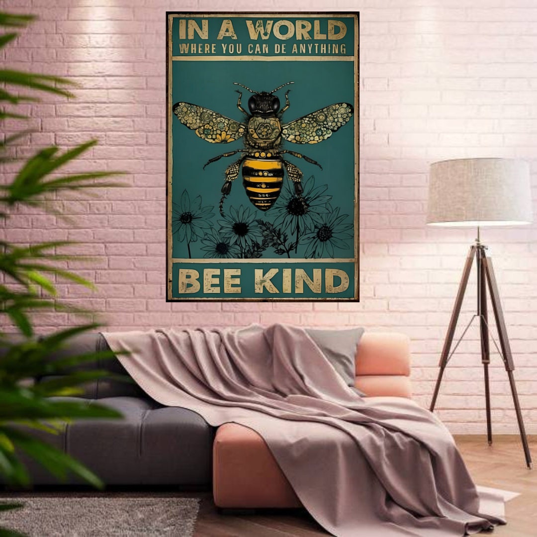 Retro Vintage Wall Art, Bee Kind Poster, Positive Inspirational Quotes ...