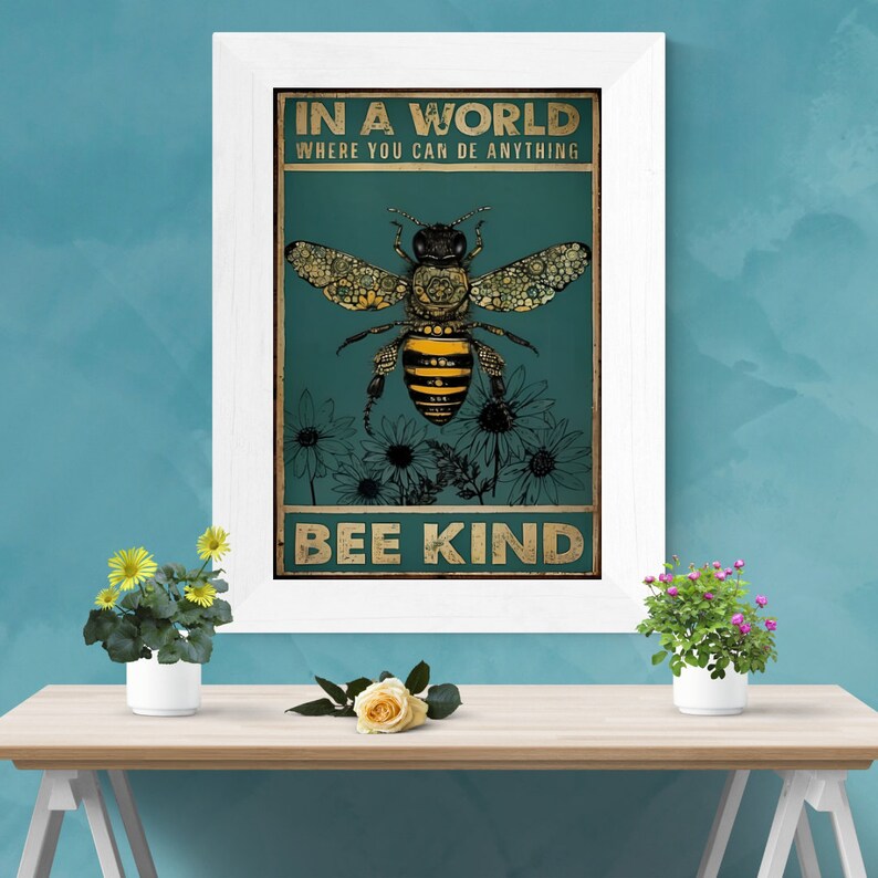 Retro Vintage Wall Art, Bee Kind Poster, Positive Inspirational Quotes ...