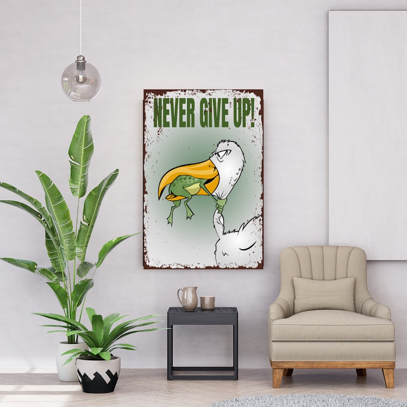Vintage Never Give up Poster,bird and Frog Illustration,inspirational ...