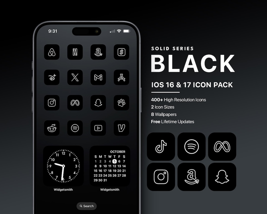 Black Ios Icon Pack, Minimal Dark Ios Icon Pack, Black and White Icon ...