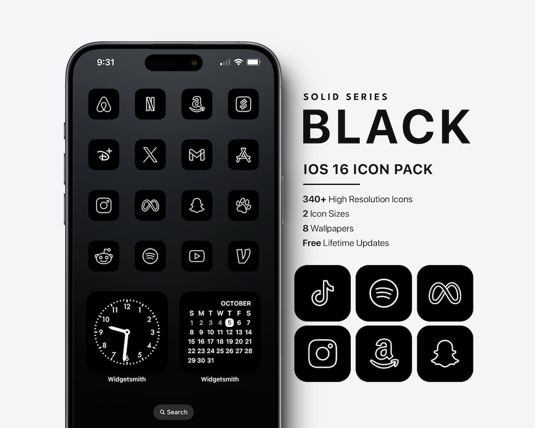 Black Ios Icon Pack, Minimal Dark Ios Icon Pack, Black and White Icon ...