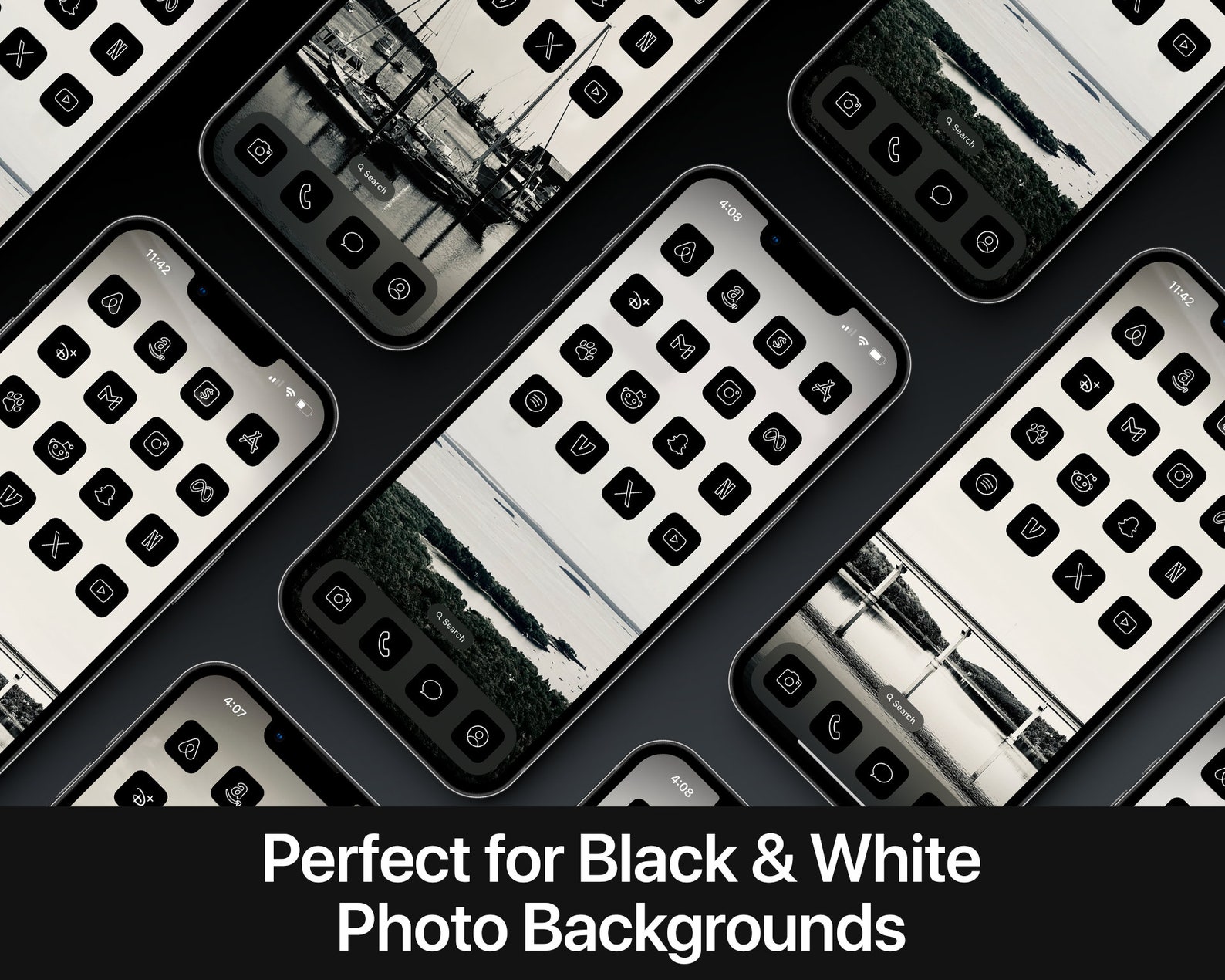 Black Ios Icon Pack, Minimal Dark Ios Icon Pack, Black and White Icon ...