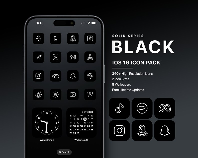 Black Ios Icon Pack, Minimal Dark Ios Icon Pack, Black and White Icon ...