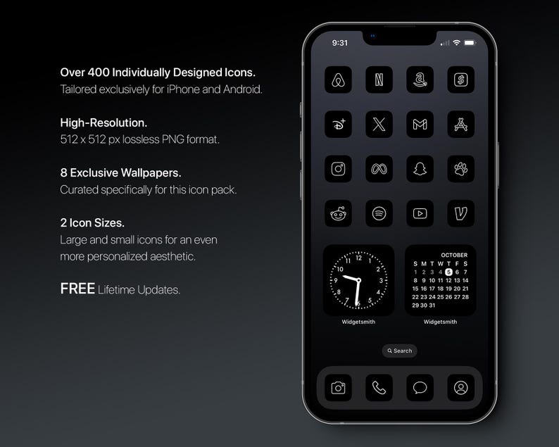 Black Ios Icon Pack, Minimal Dark Ios Icon Pack, Black and White Icon ...
