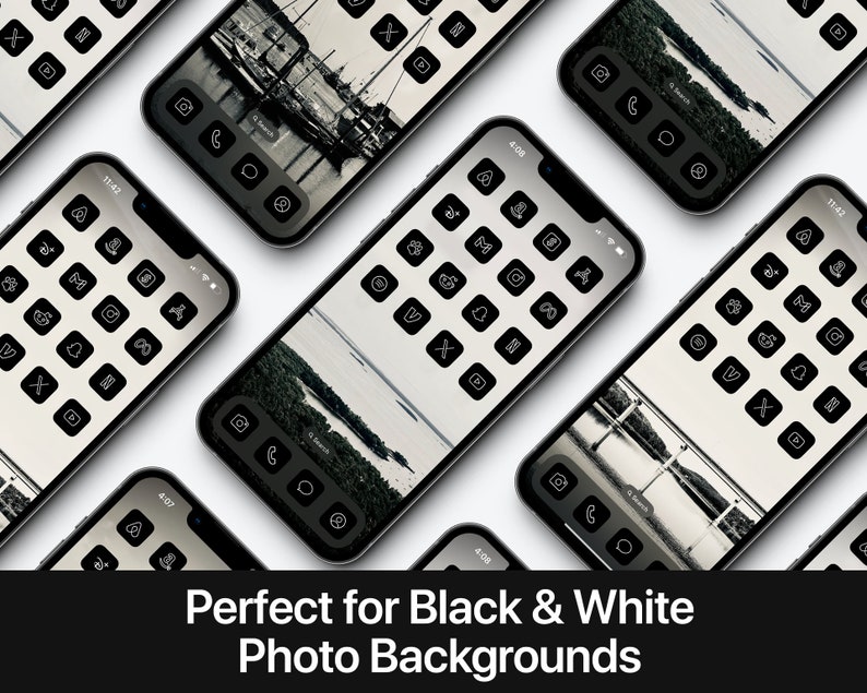 Black Ios Icon Pack, Minimal Dark Ios Icon Pack, Black and White Icon ...