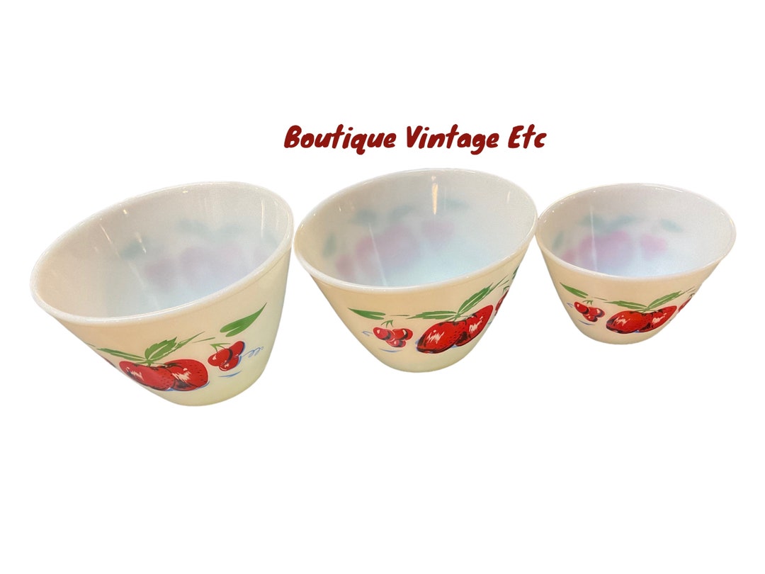 3 Vintage Fire King Apples and Cherries Splash Proof Bowls , Nesting ...