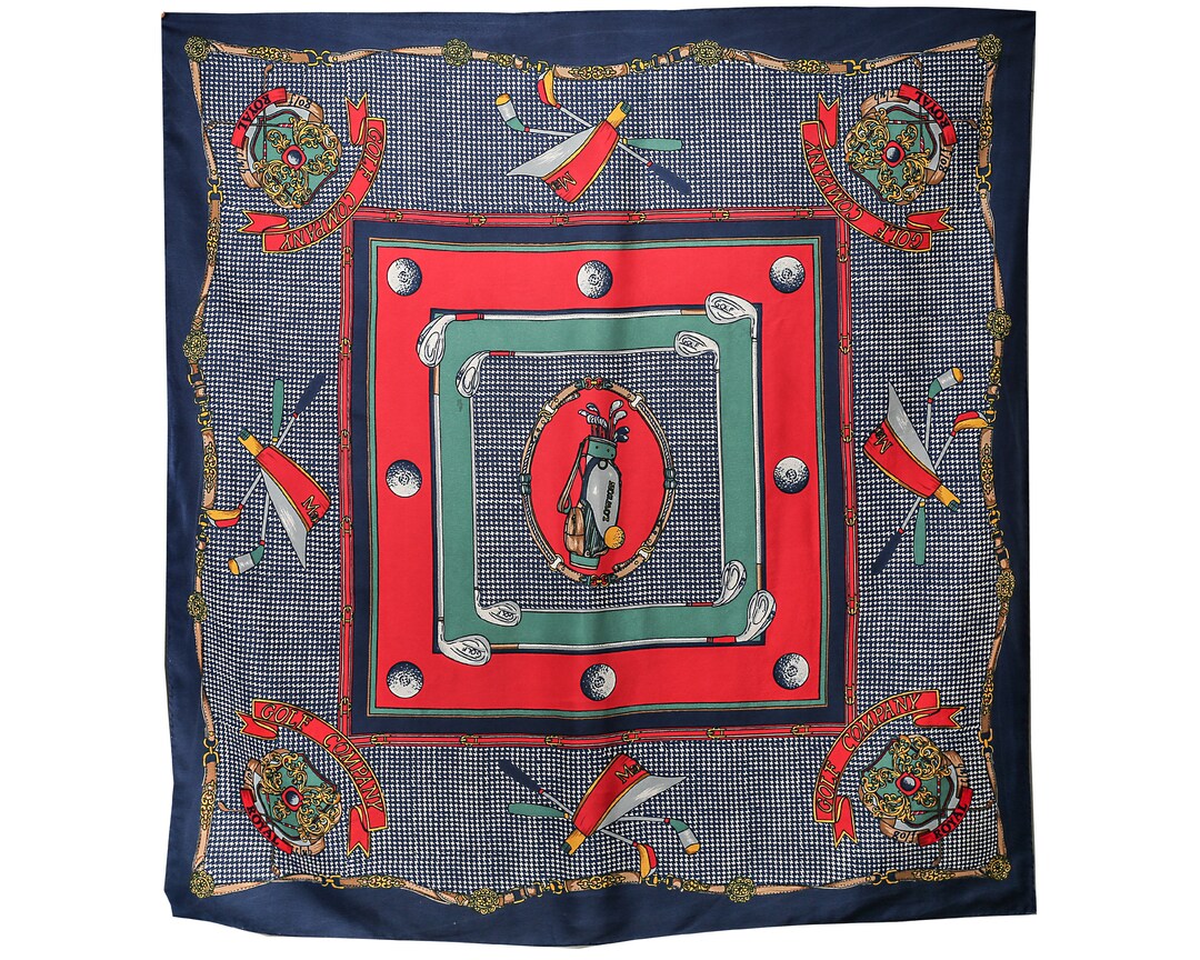Golf Print Silk Scarf 80s Golf Club Scarf Crepe Silk Scarf Navy Red ...