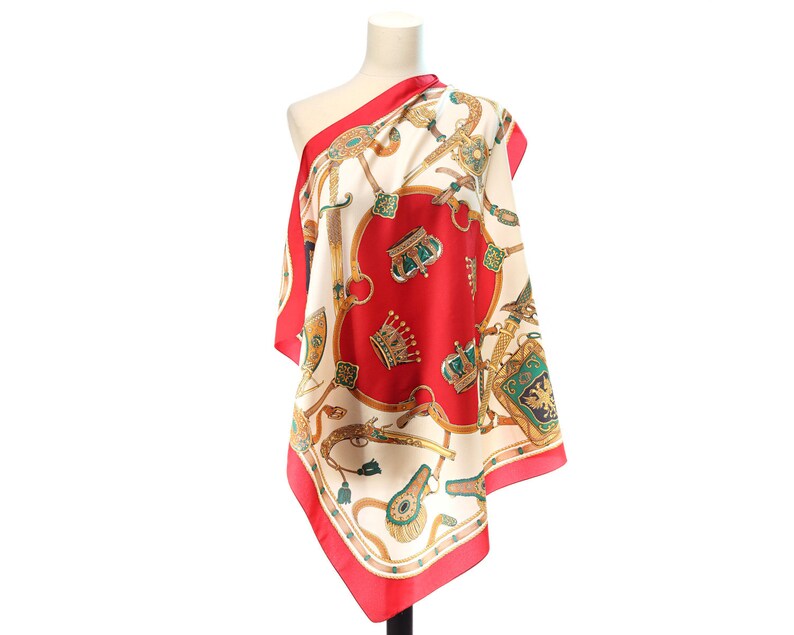 Equestrian Scarf Swords Print 80s White Red Gold Crown Print Scarf ...