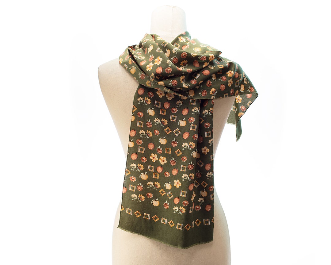 Men's Floral Silk Scarf Green Beige 90s Green Silk Classy Neck Scarf ...