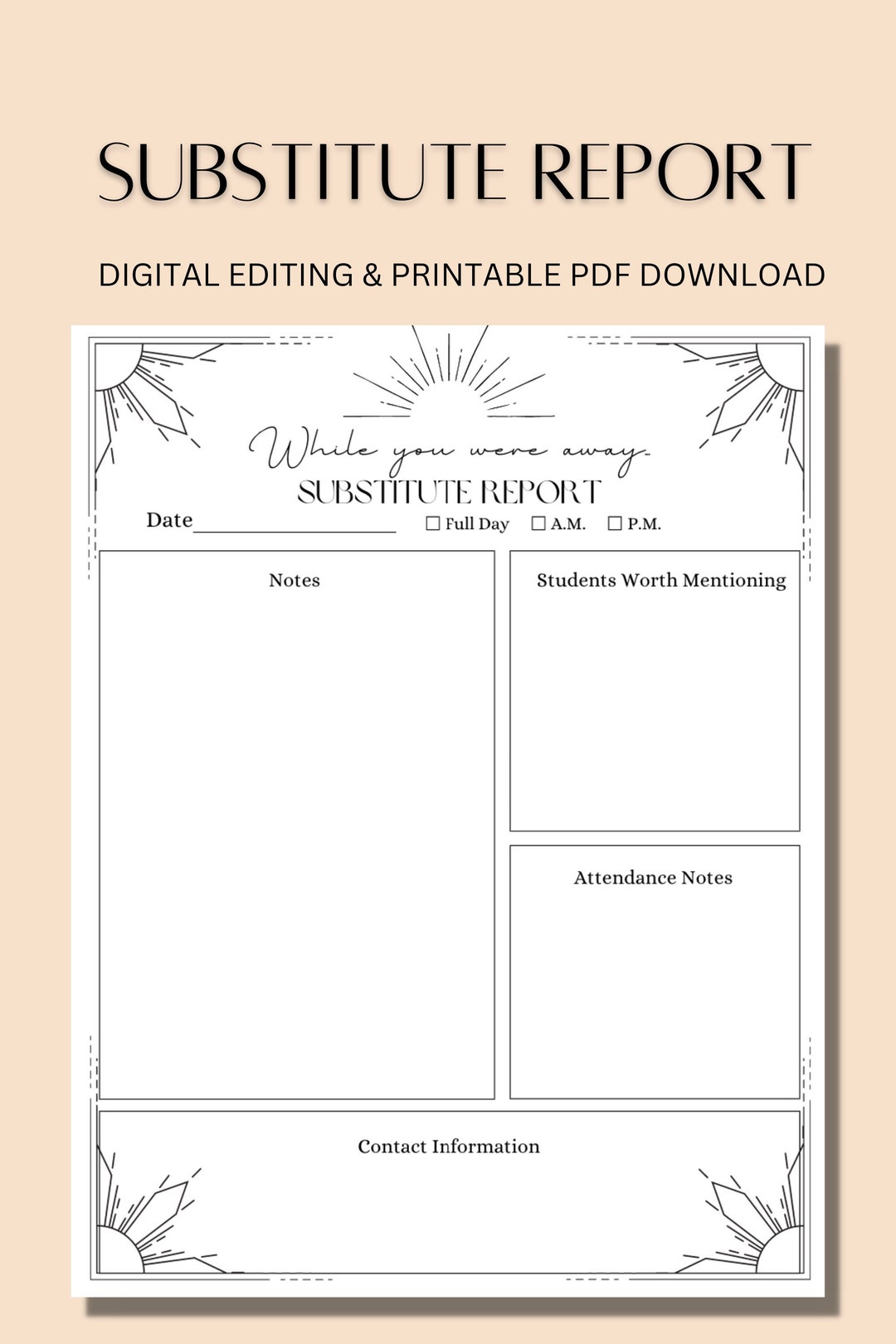 Substitute Report PDF for Print & Digital Use shine Design - Etsy