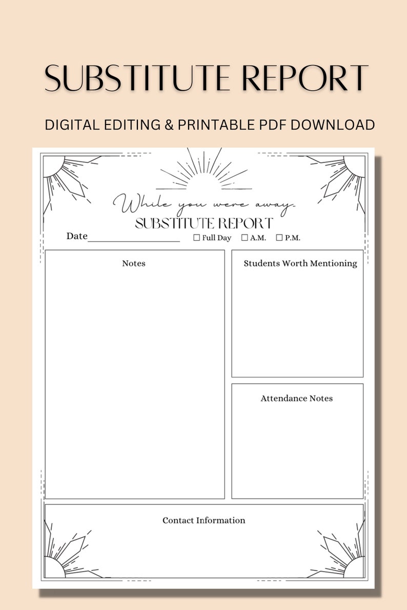 Substitute Report PDF for Print & Digital Use shine Design - Etsy