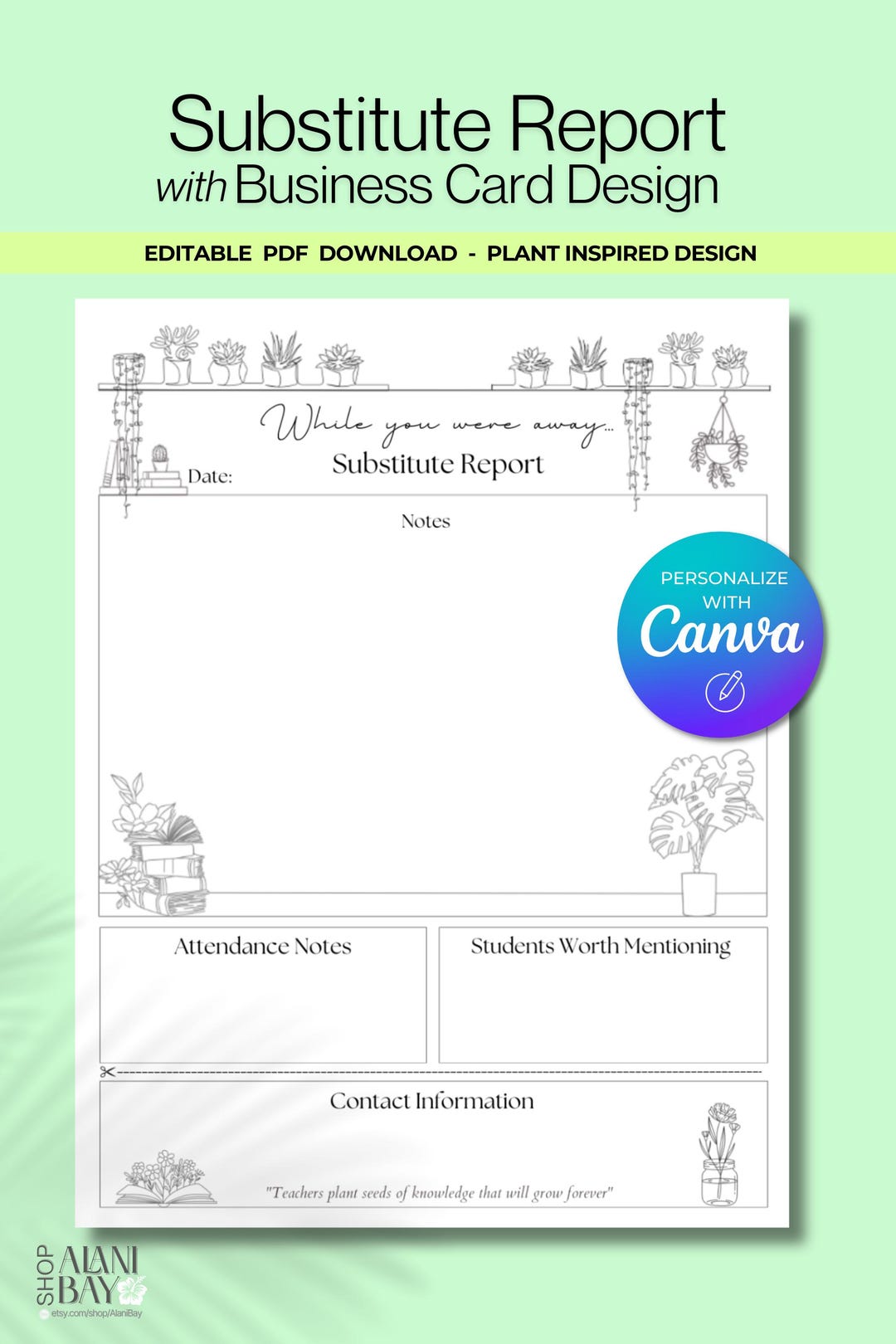 Sleek Substitute Teacher Report Template: Printable Sub Note PDF - Etsy