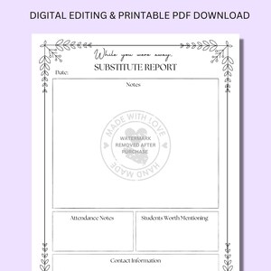 Printable Substitute Report PDF: Teacher Feedback Note (digital ...