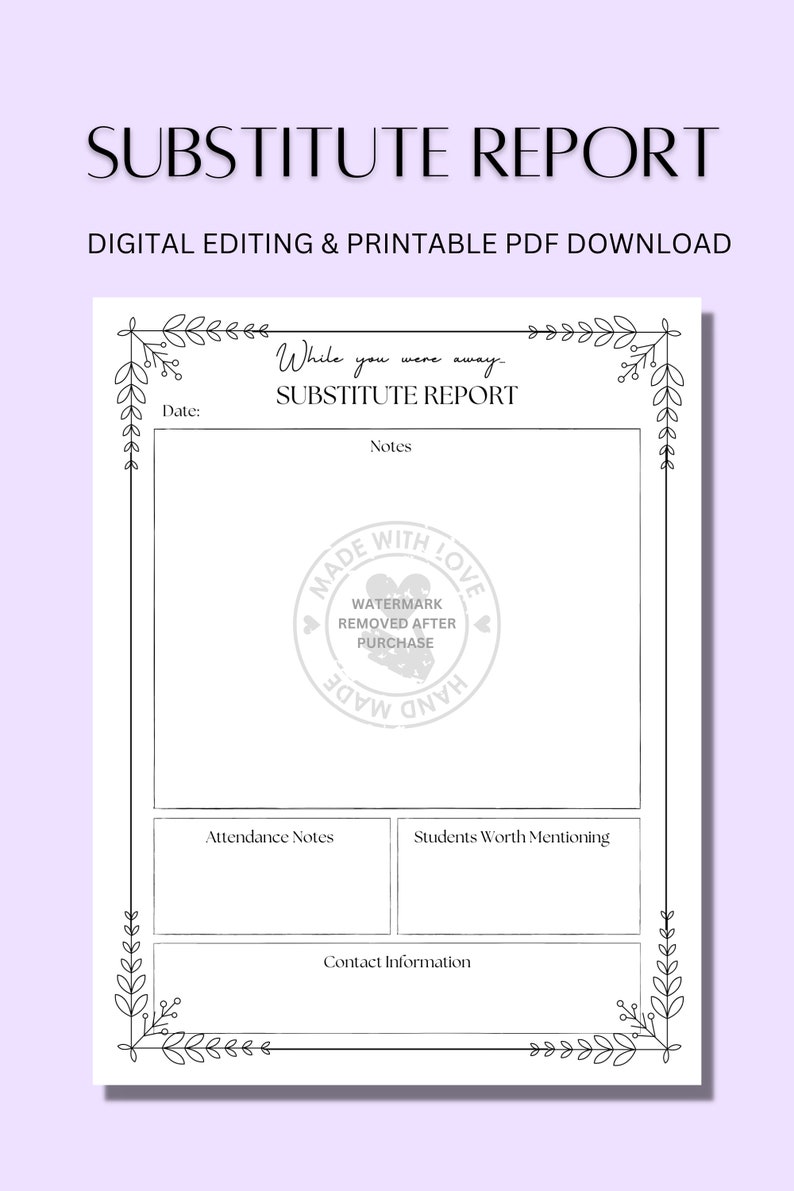 Printable Substitute Report PDF: Teacher Feedback Note (digital ...