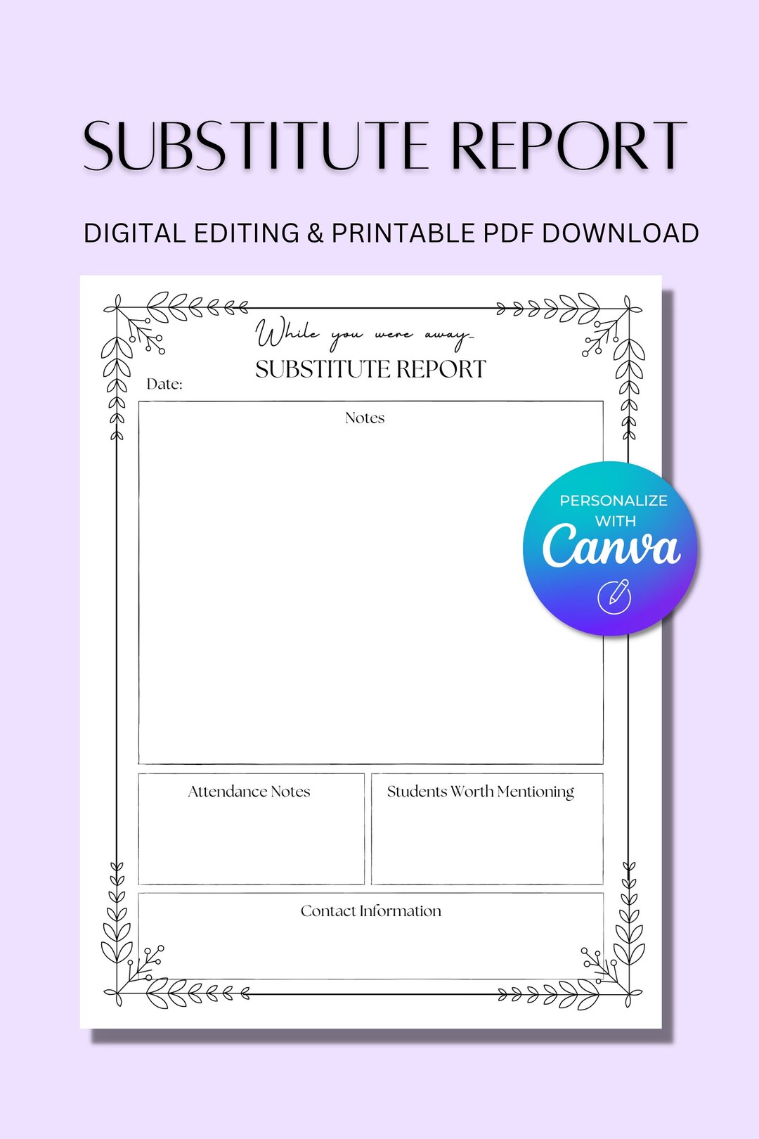 Printable Substitute Report PDF: Teacher Feedback Note (digital ...