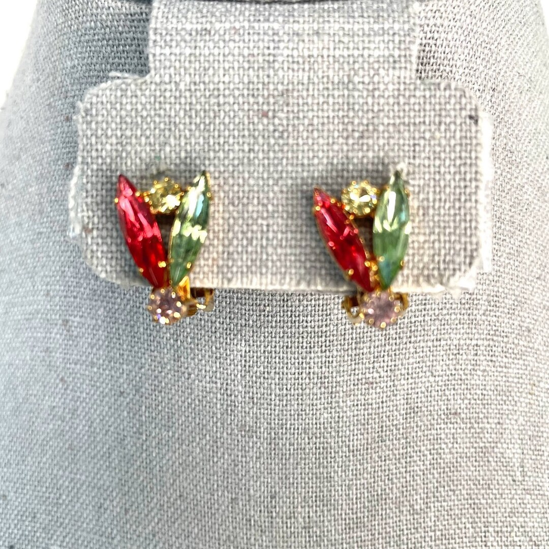 Gold Toned Clip on Multi Colored Rhinestone Earrings Gold - Etsy