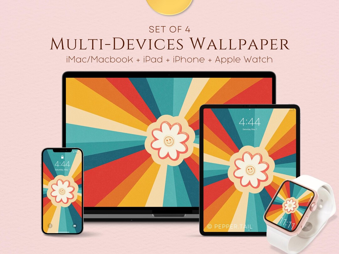 Multi Device Wallpaper Set of 4｜retro Smiling Daisy Radiating ...