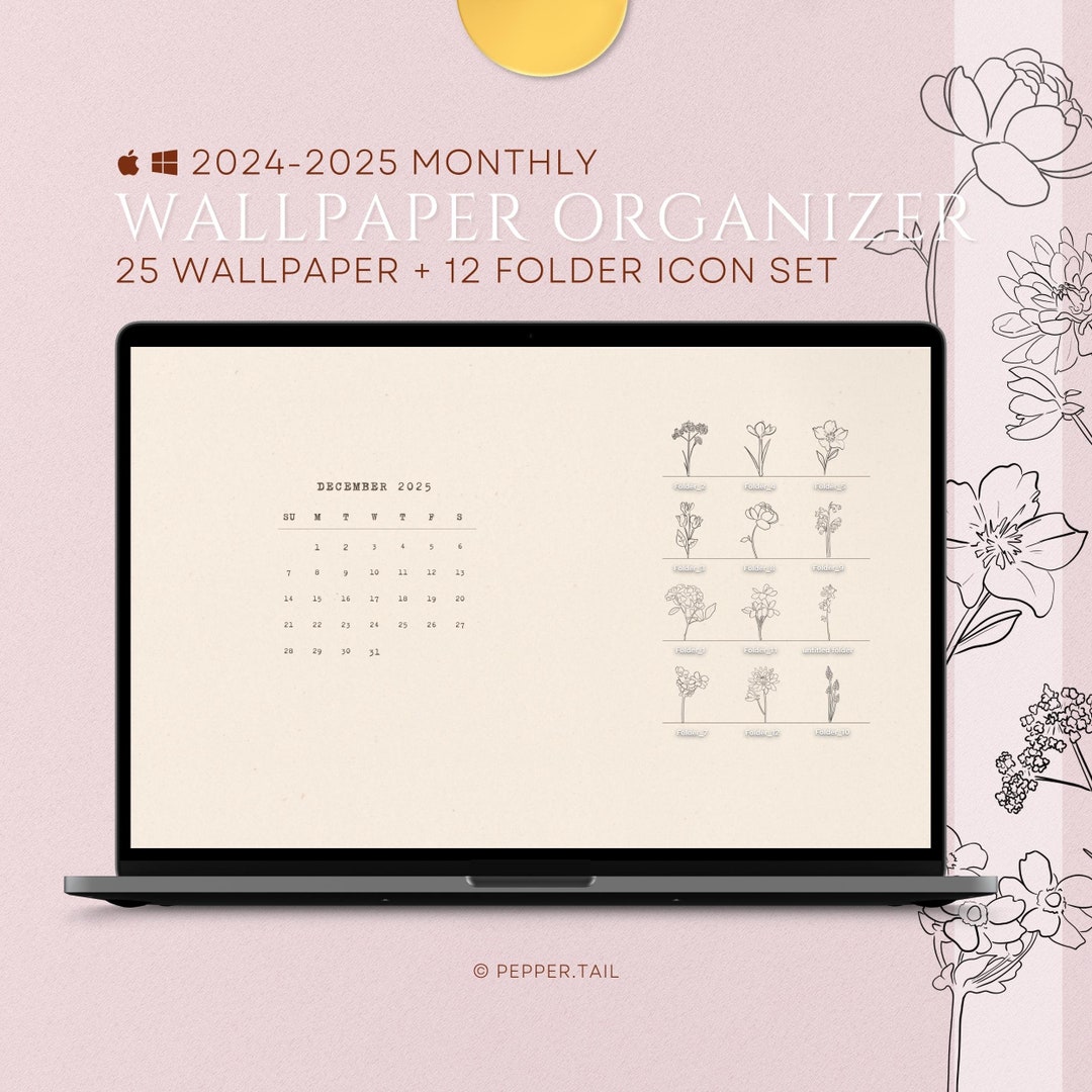 2024-2025 Minimal Floral Desktop Organize Wallpaper Calendar + Folder ...