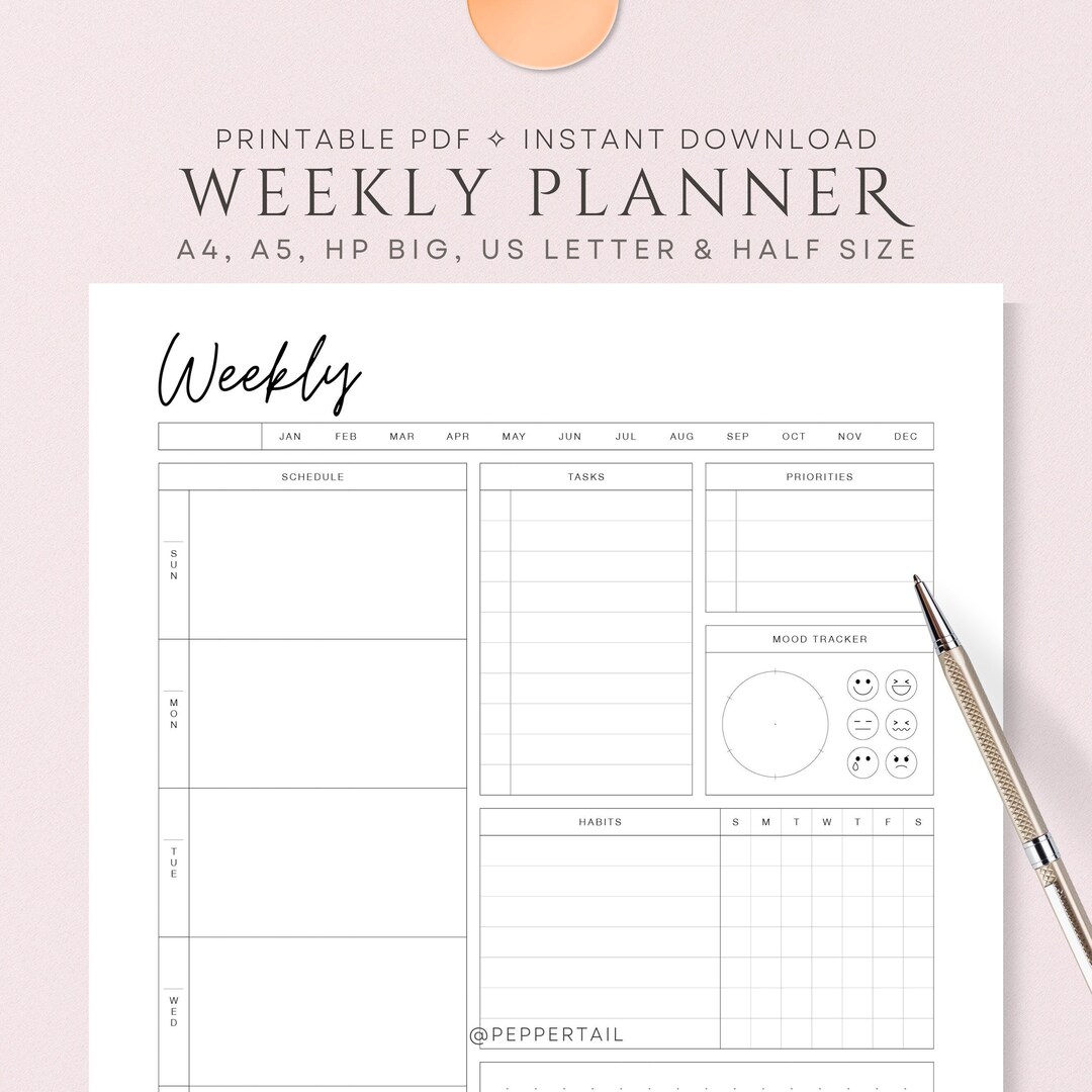 Weekly Planner Printable PDF With Mood Tracker and Habit Tracker ...