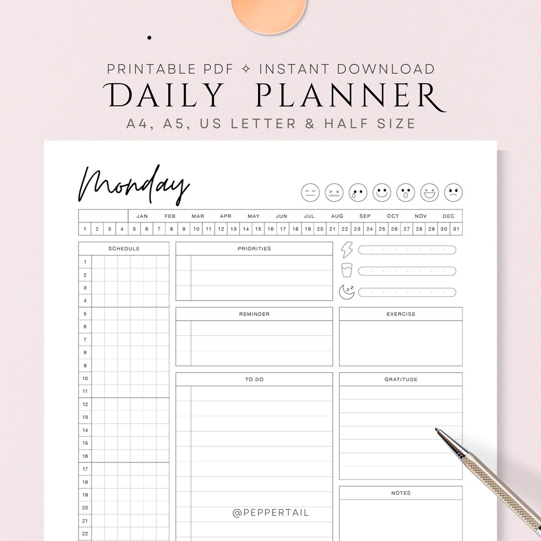 Daily Planner Printable PDF With 10 Minutes Planner and 24-hour Hourly ...