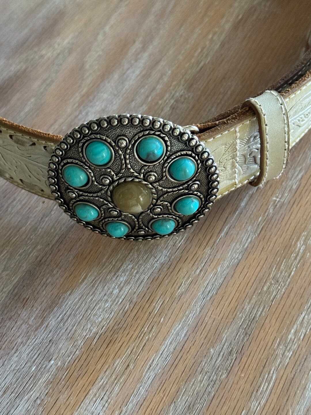 Cream Leather and Faux Turquoise Belt Med Ladies - Etsy
