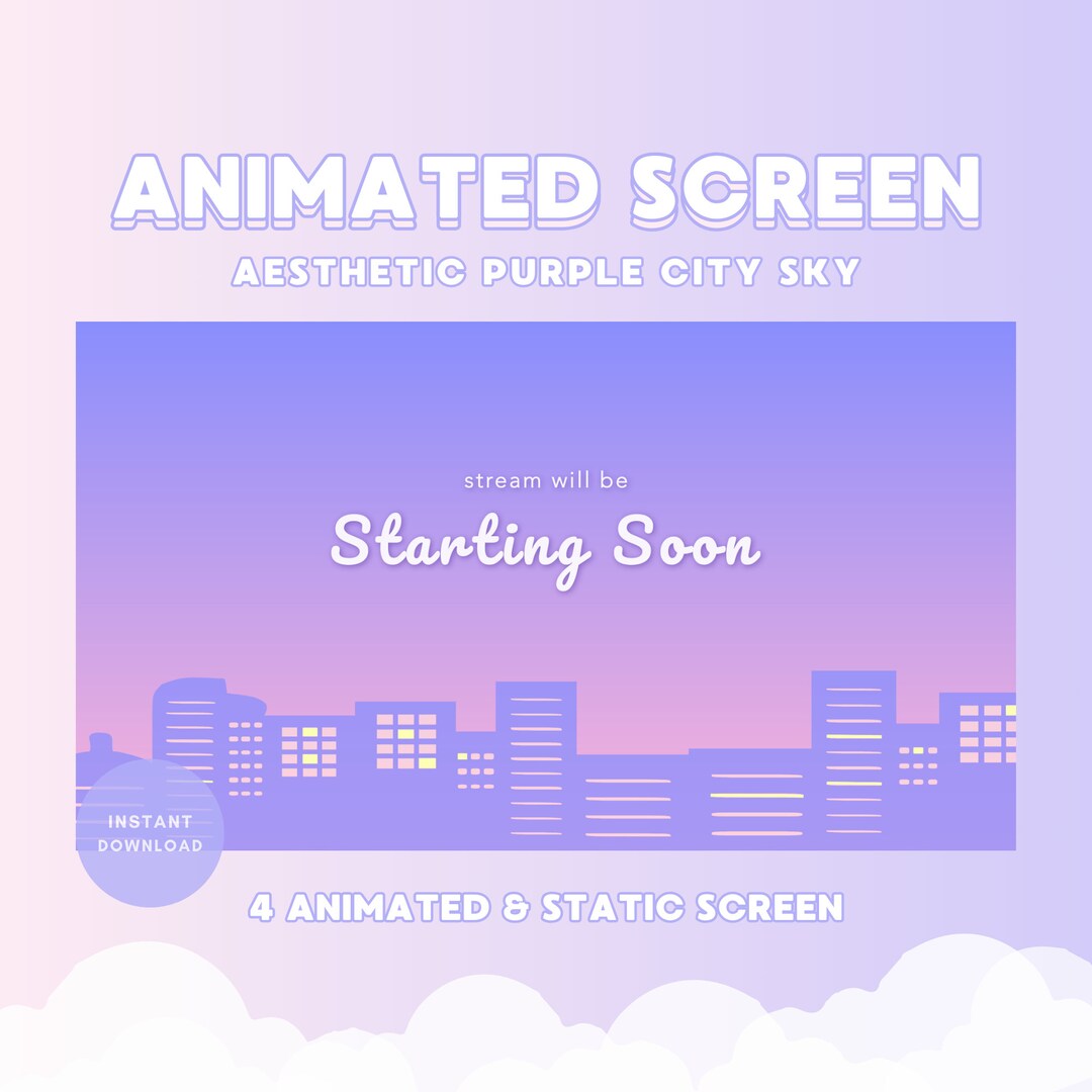 Animated Stream Screens Purple City Sky Starting Soon, Be Right Back ...
