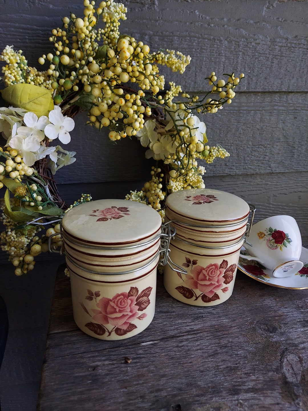 Vintage Pottery Canister, Ceramic, Shabby Chic Rose Kitchen Decor ...