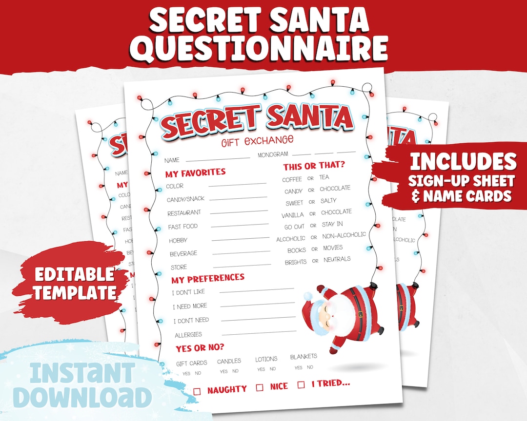 Printable Secret Santa Questionnaire for Christmas Gift Exchange Bundle ...