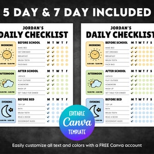 Kids Daily School Checklist Schedule Printable, Editable Chore Chart ...
