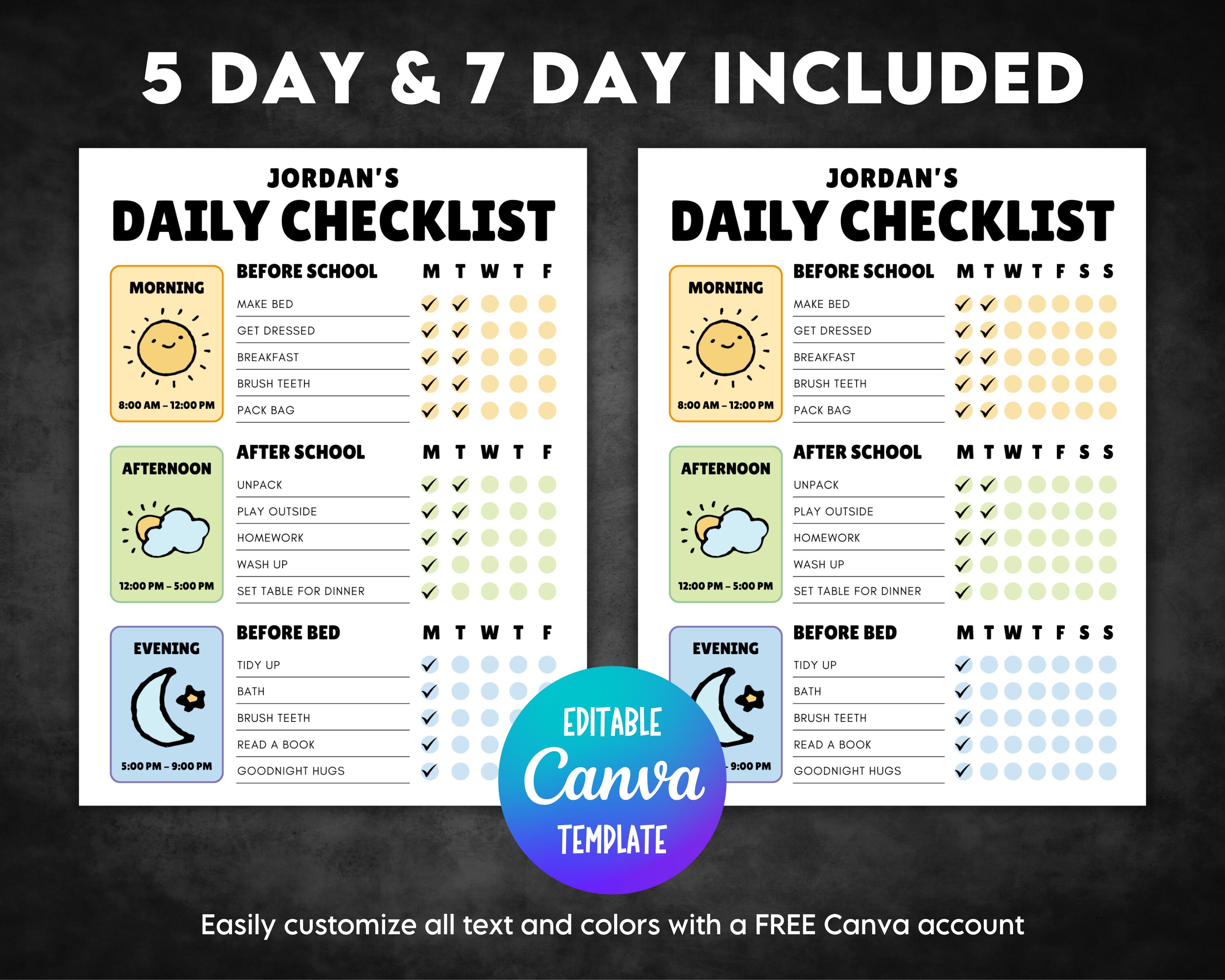 Kids Daily School Checklist Schedule Printable, Editable Chore Chart ...