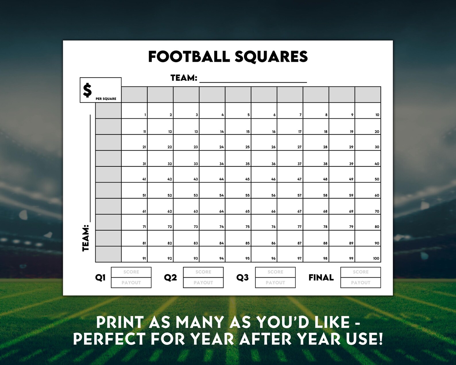 Football Squares Printable, Super Football Bowl Squares, Football ...