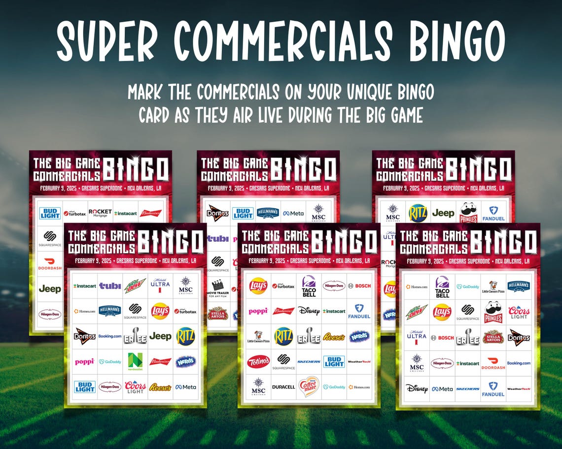 Big Game Commercial Bingo, Super Commercials Bowl Bingo, Football Bingo ...