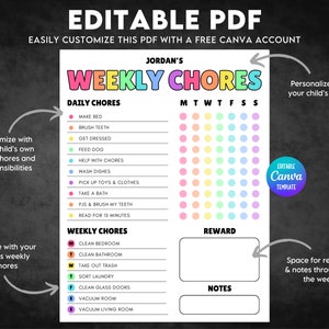 Editable Weekly Chore Chart for Kids, Printable Chore Chart, Kids Daily ...