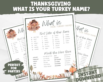 Thanksgiving Whats Your Turkey Name Game Thanksgiving Party Games Fun ...