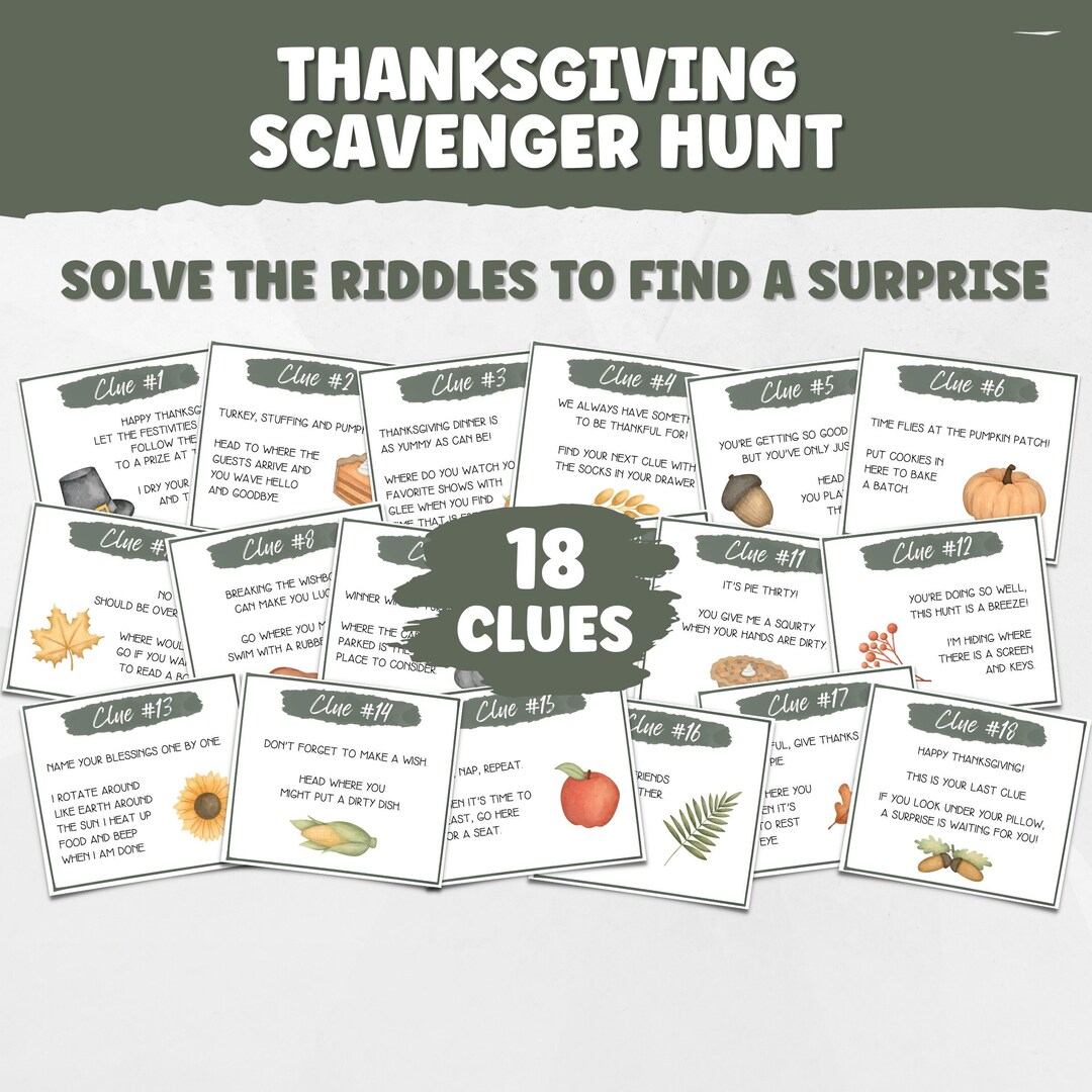 Thanksgiving Scavenger Hunt Clues | Thanksgiving Treasure Hunt Clues ...