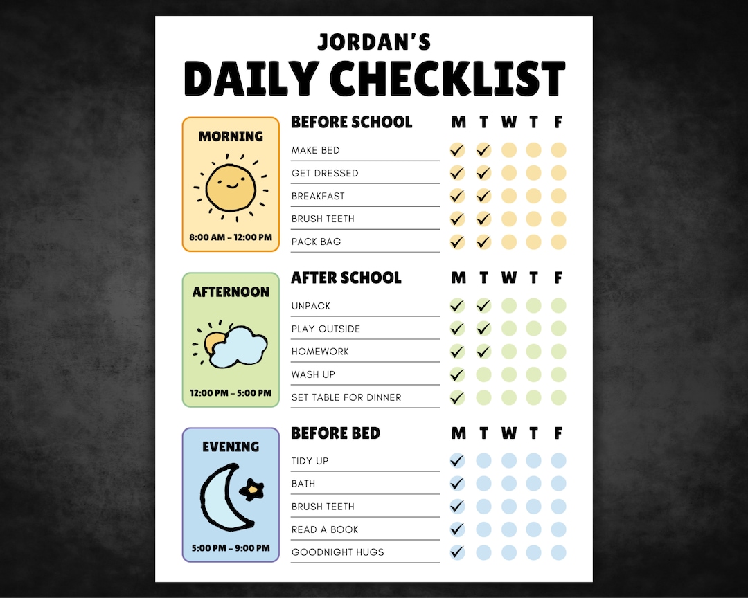 Kids Daily School Checklist Schedule Printable, Editable Chore Chart ...