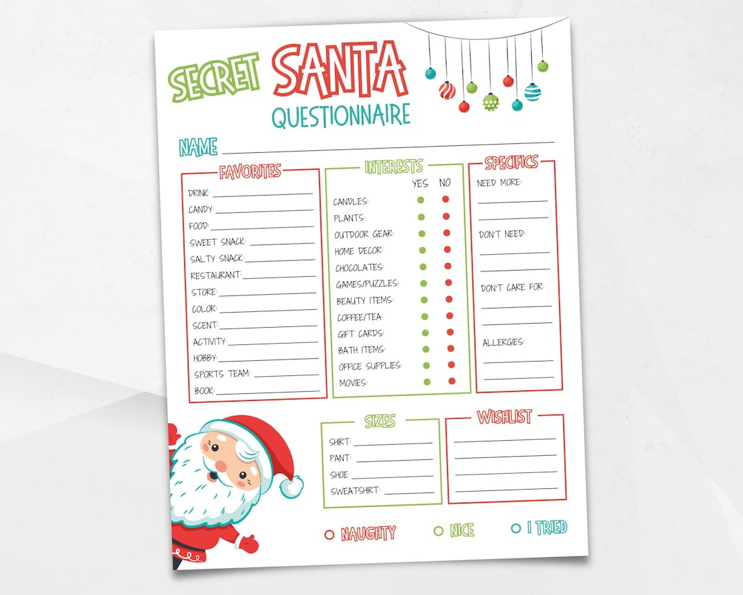 Secret Santa Questionnaire for Christmas Gift Exchange Printable ...