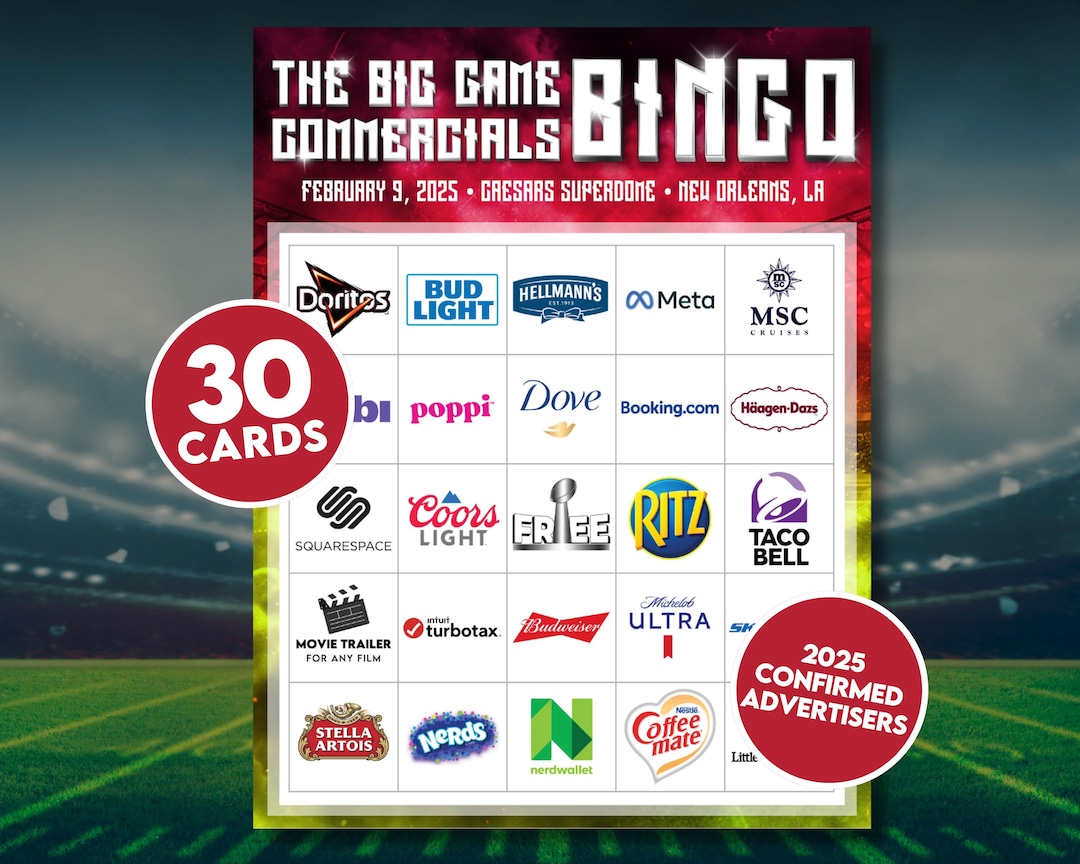 Big Game Commercial Bingo, Super Commercials Bowl Bingo, Football Bingo ...