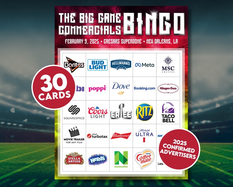 Big Game Commercial Bingo, Super Commercials Bowl Bingo, Football Bingo ...