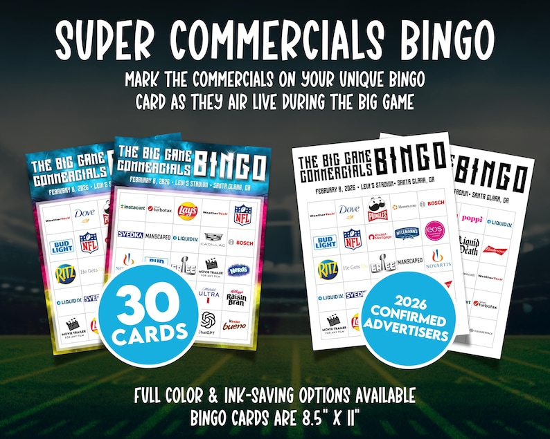 Big Game Party Pack Bundle, Super Commercials Bowl Bingo, Football ...