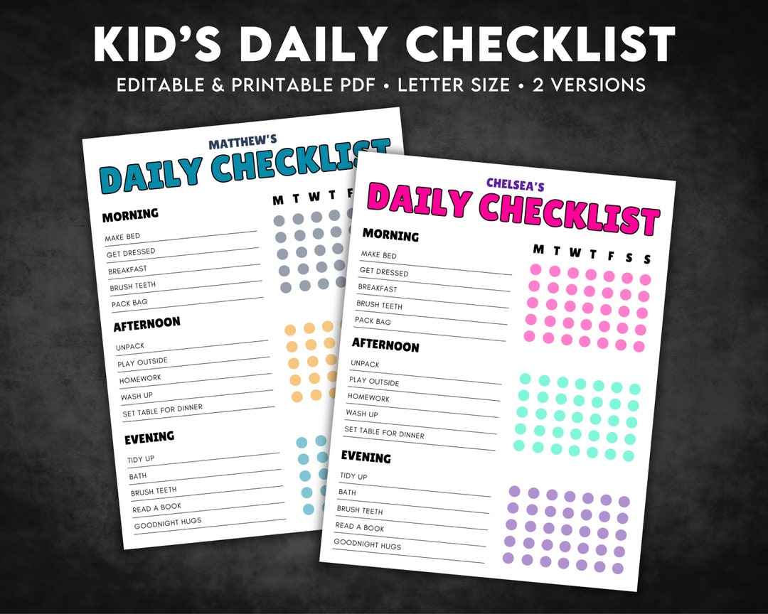 Editable Daily Chore Chart for Kids, Printable Chore Chart, Kids Daily ...