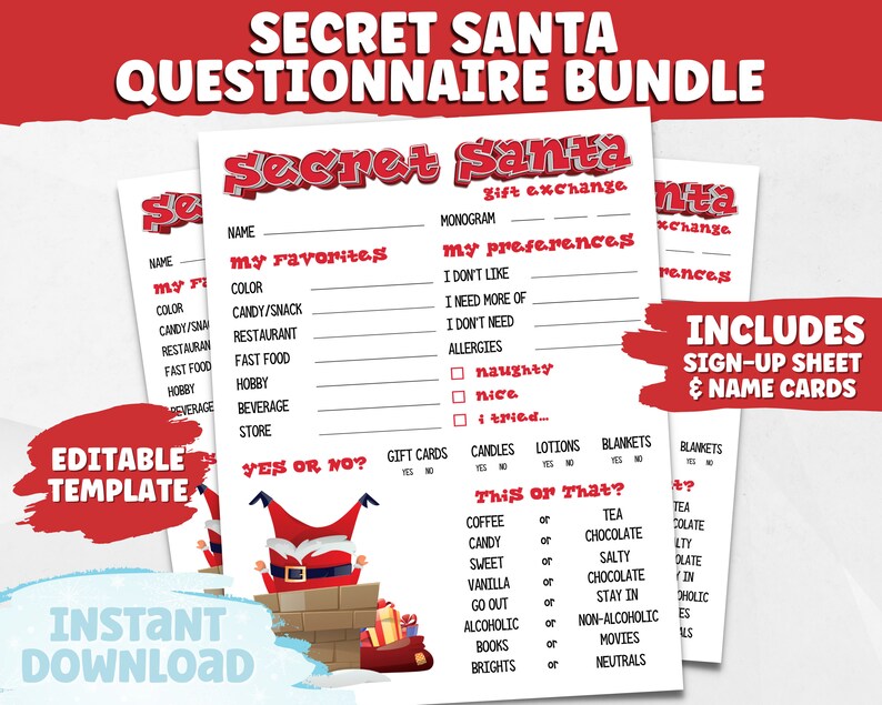 Printable Secret Santa Questionnaire for Christmas Gift Exchange Bundle ...