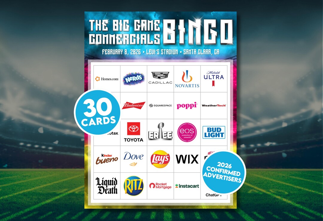 Big Game Commercial Bingo, Super Commercials Bowl Bingo, Football Bingo ...